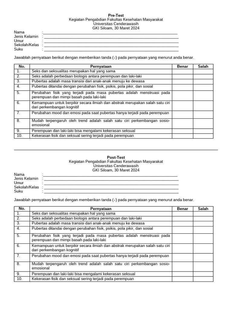 Pre-Test dan Post-Test Seksualitas | PDF