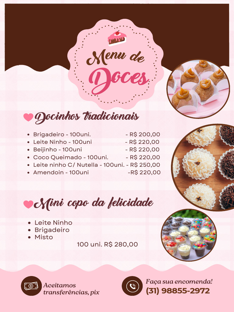 Cardápio de Bolos Confeitaria Moderno Rosa Marrom Menu - 1 | PDF