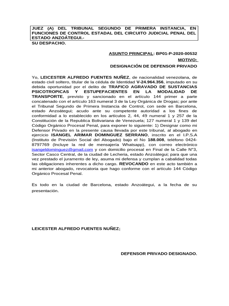 DESIGNACION de DEFENSOR Tribunal Control 2 Fuentes Privado2024 | PDF