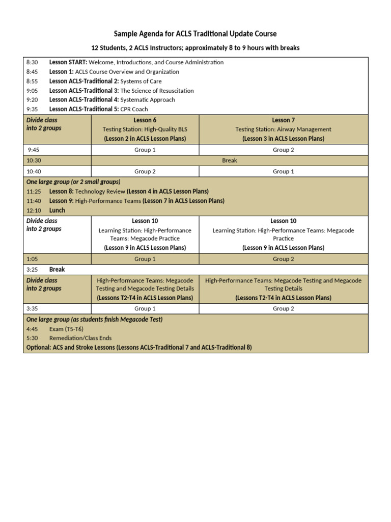 Sample Agenda for ACLS Traditional Update Course_ucm_506683 | PDF