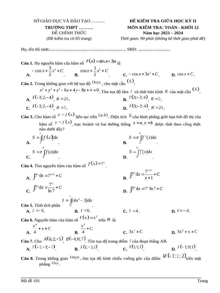de-thi-giua-ki-2-Toan-12-de-1 | PDF