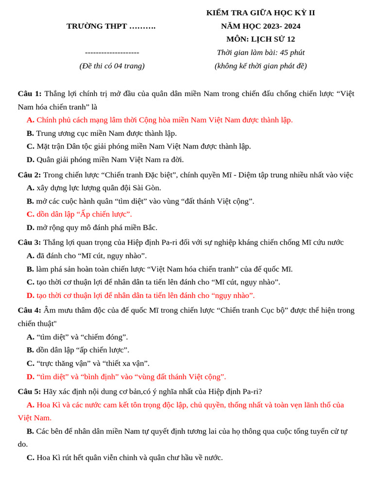 De Thi GHK 2 Lich Su 12 de 4 | PDF