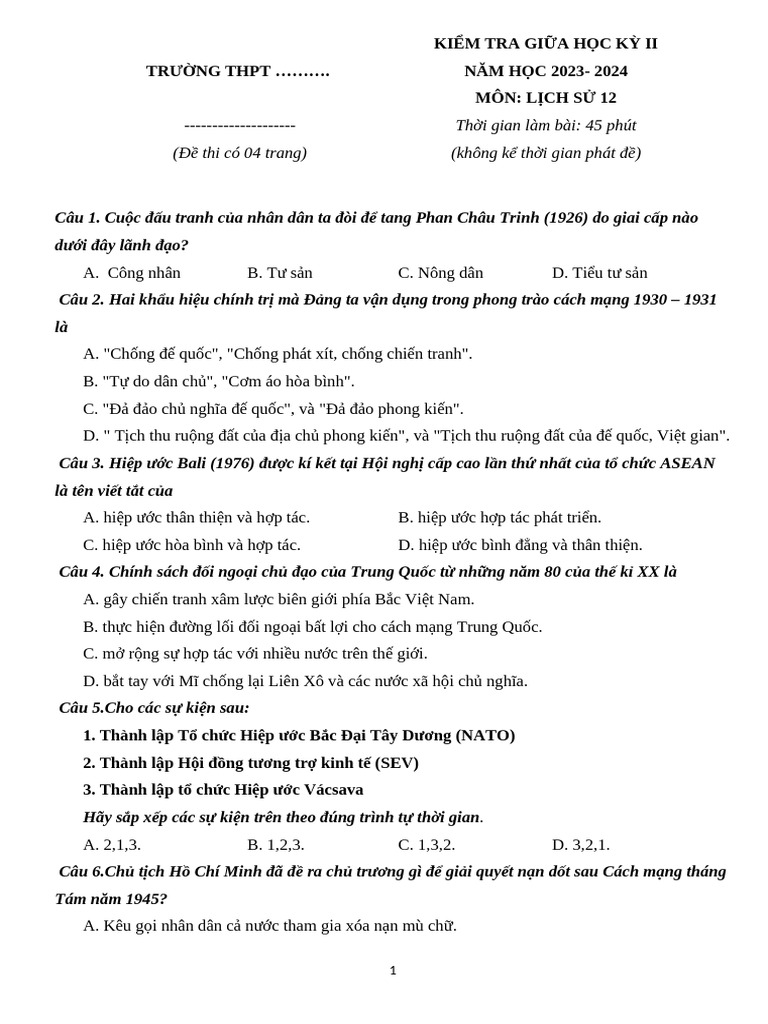 De Thi GHK 2 Lich Su 12 de 3 | PDF