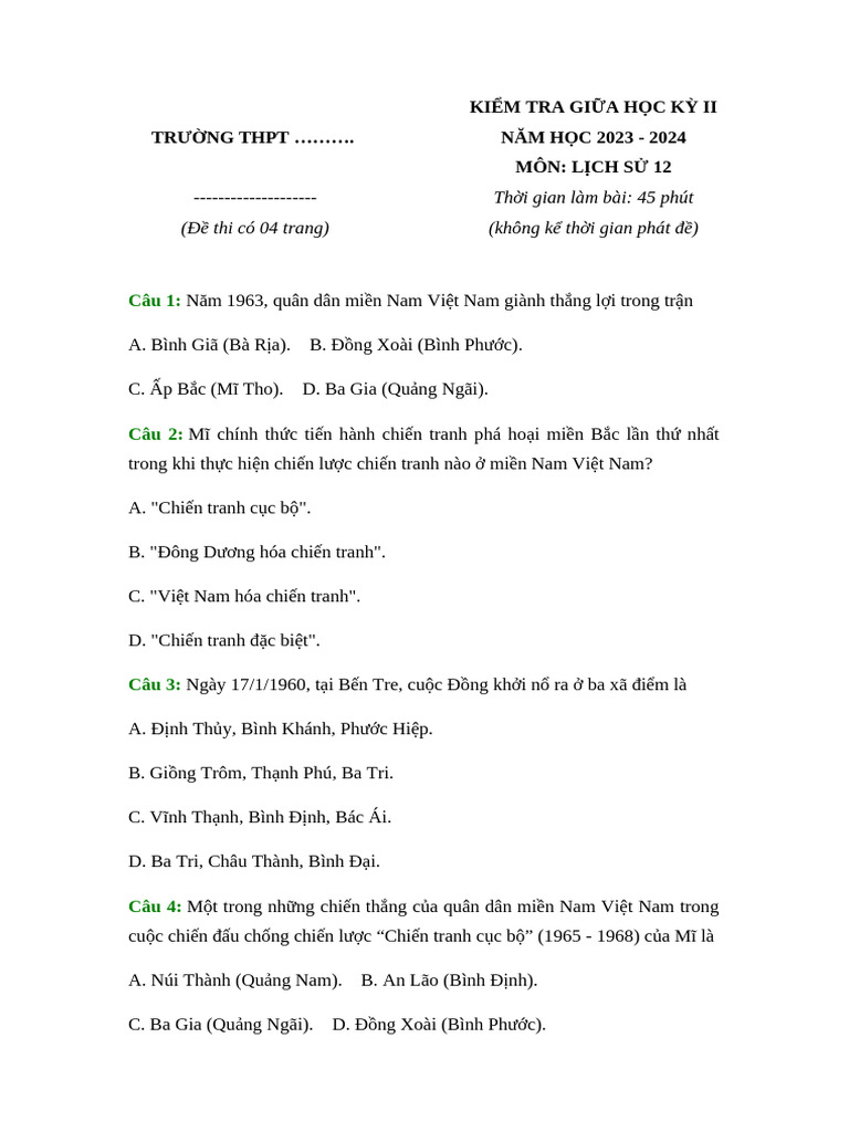 De Thi GHK 2 Lich Su 12 de 5 | PDF