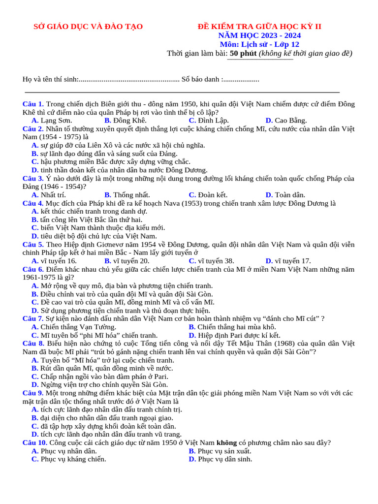 De Thi GHK 2 Lich Su 12 de 1 | PDF