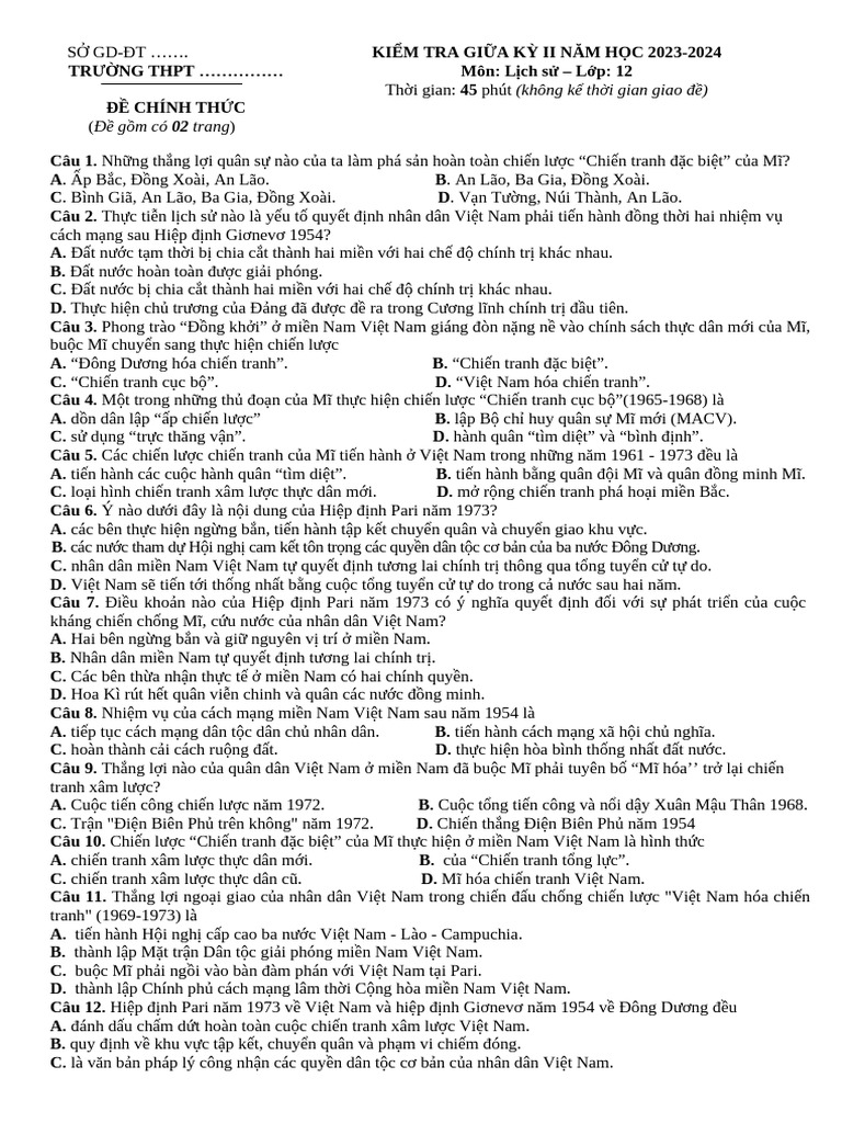 De Thi GHK 2 Lich Su 12 de 6 | PDF