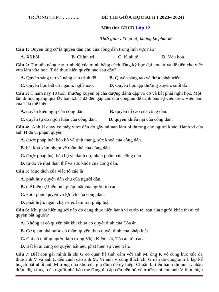 De Thi ghk2 GDCD 12 de 1 | PDF