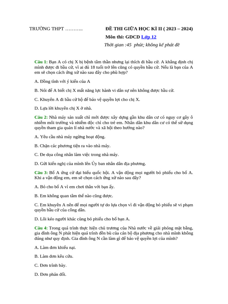 De Thi ghk2 GDCD 12 de 6 | PDF