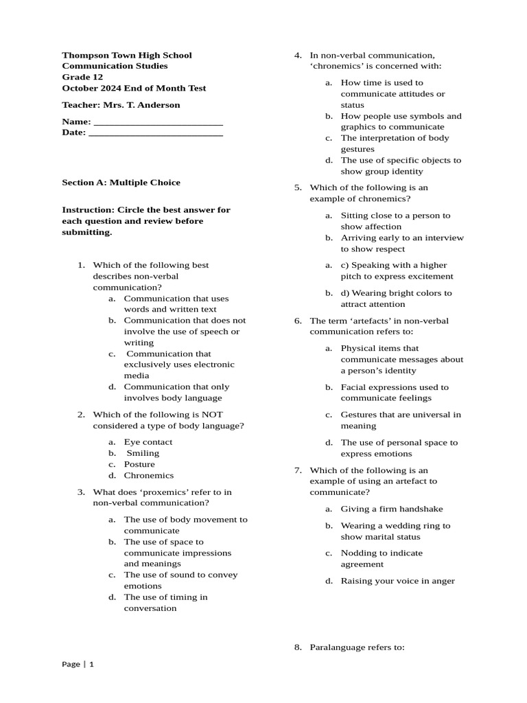 Grade 12 Communication Studies Test | PDF | Nonverbal Communication ...