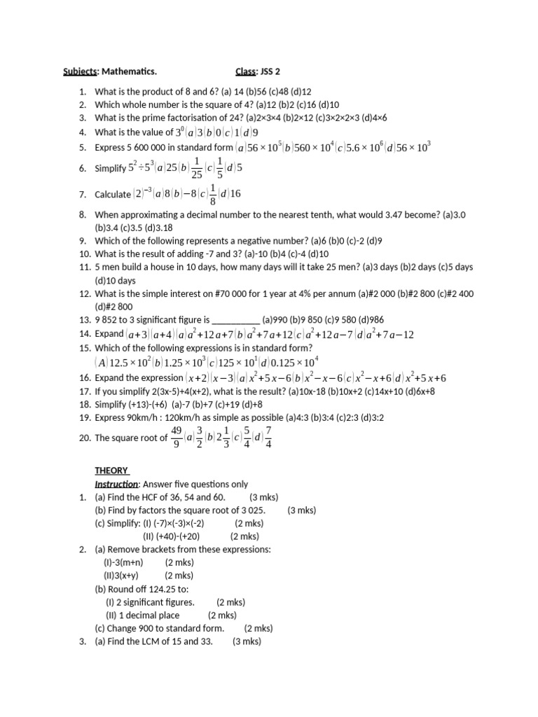 Mathematics Jss2 First Term | PDF | Numbers | Arithmetic