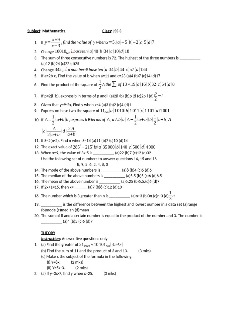 JSS 3 First Term Mathematics Exam Questions | PDF | Mean | Arithmetic Mean