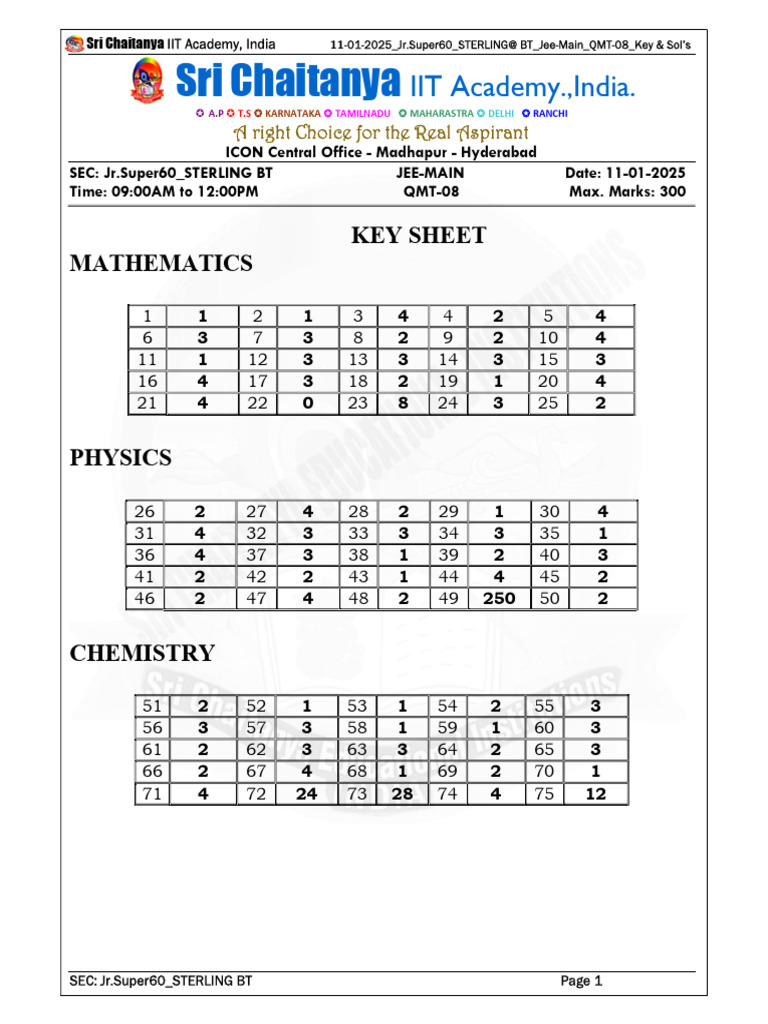 11-01-25 - JR - Super60 - STERLING BT - Jee-Main - QMT-08 - Key & Sol's | PDF | Ph | Acid