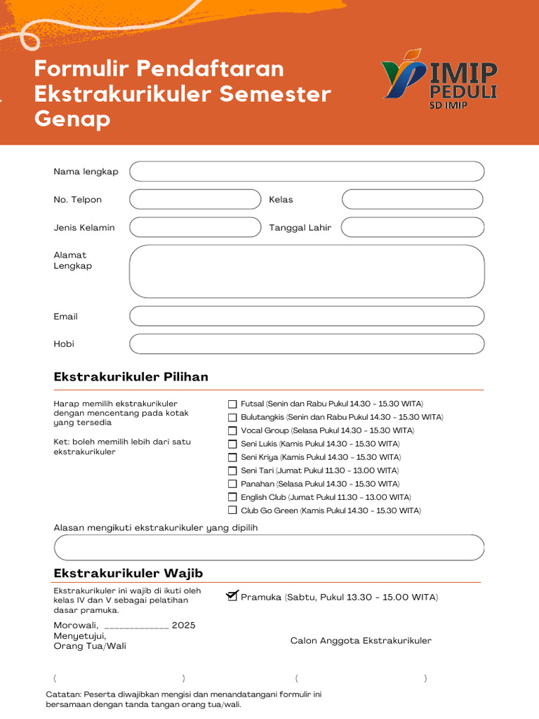 Formulir Pendaftaran Ekstrakurikuler SD IMIP SMT 2 | PDF