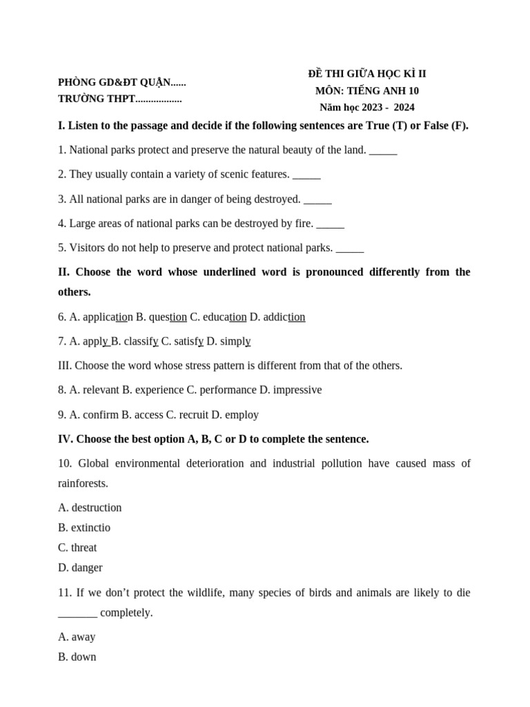 De Thi gk2 Tieng Anh 10 CTST de 2 | PDF