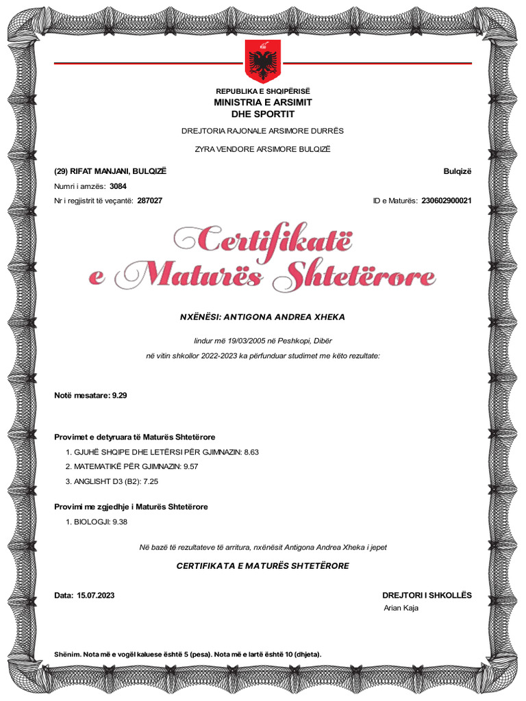 Antigona Xheka Certificate | PDF