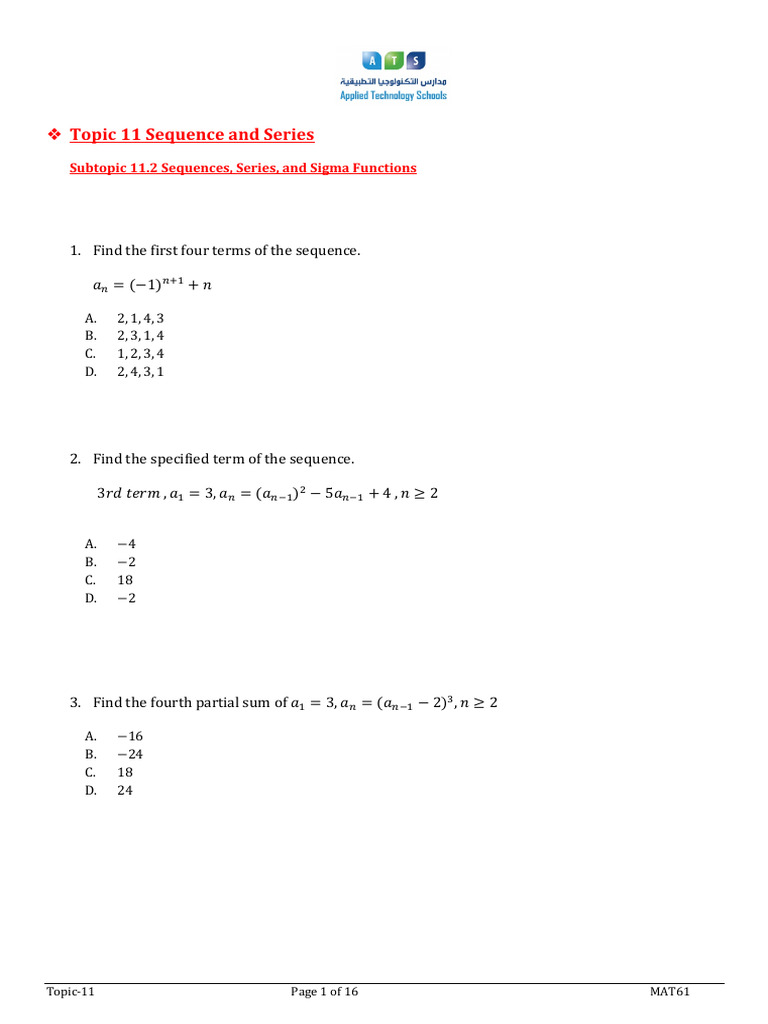 MAT61 Topic 11 Sequences and Series QP | PDF | Series (Mathematics) | Sequence