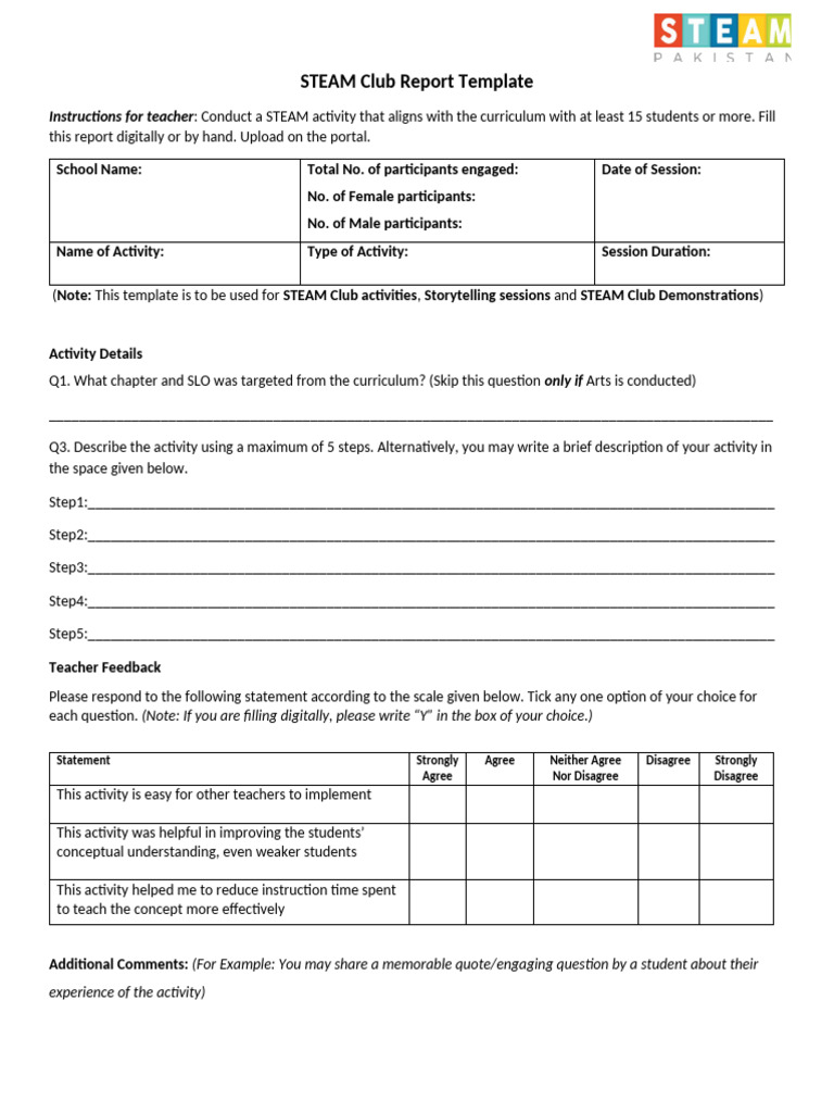 STEAM Club Activity Report Template | PDF