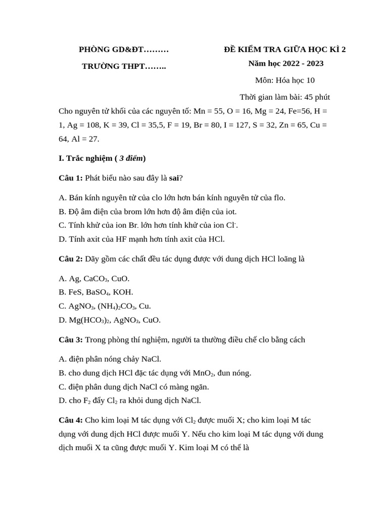 De Thi GHK 2 Hoa Hoc 10 CD | PDF