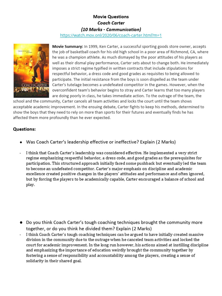 S2_Coach Carter Questions (1) | PDF | Disciplines | Mentorship