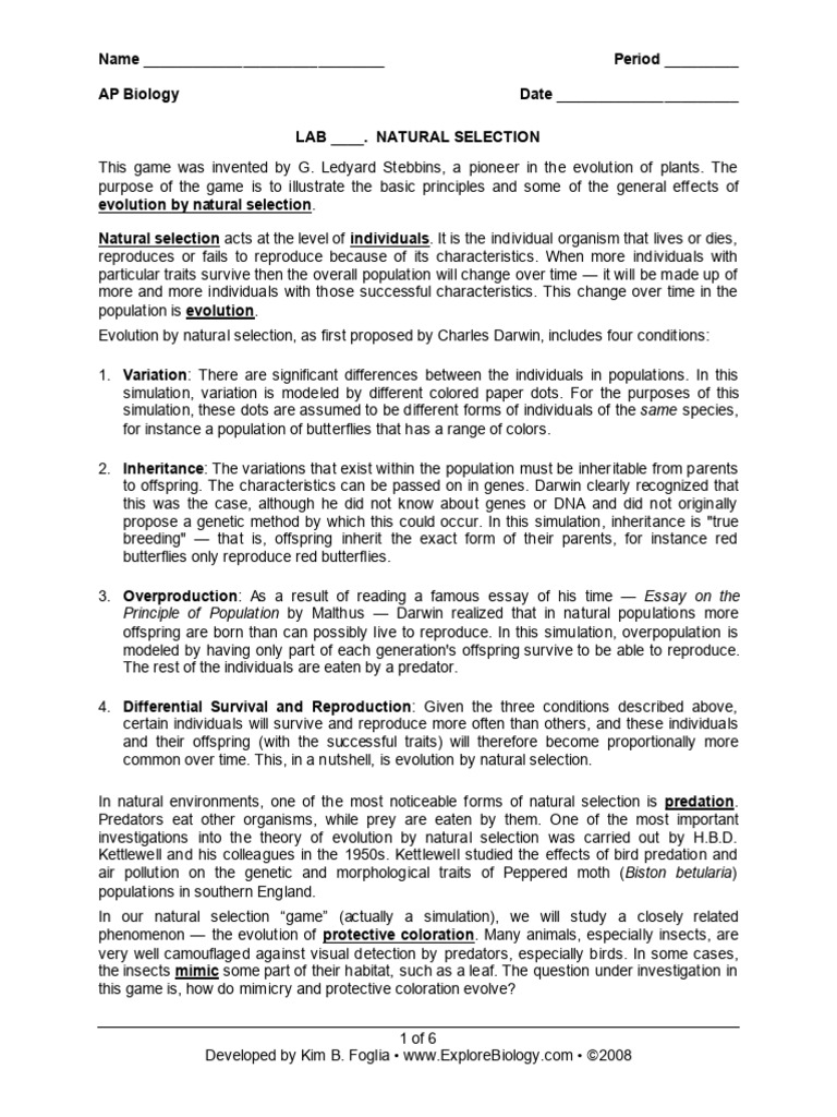 Natural Selection Lab Simulation | PDF | Natural Selection | Evolution