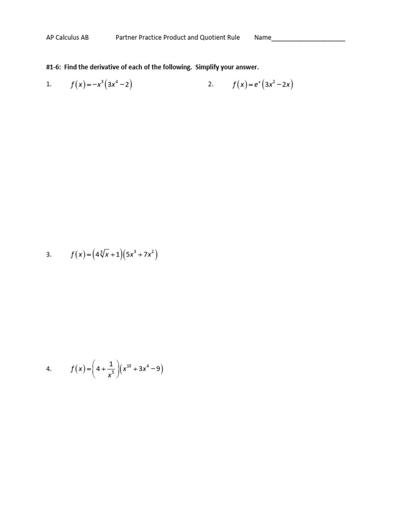 Partner Practice Product and Quotient Rule | PDF