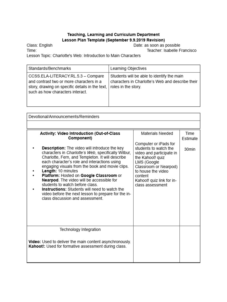 Charlotte's Web Character Lesson Plan | PDF | Lesson Plan | Behavior Modification