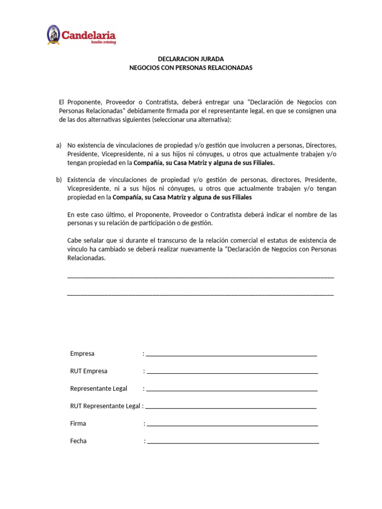 6 - Decl Jurada Negocios Con Personas Relacionadas 2020 | PDF
