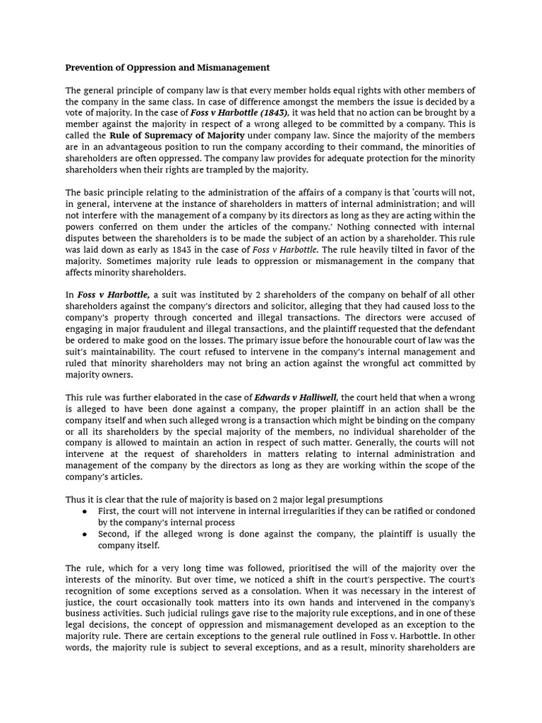 Preventing Oppression in Company Law | PDF | Lawsuit | Class Action