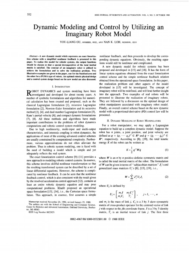Dynamic Modeling and Control by Utilizing An Imaginary Robot Model | PDF | Matrix (Mathematics ...