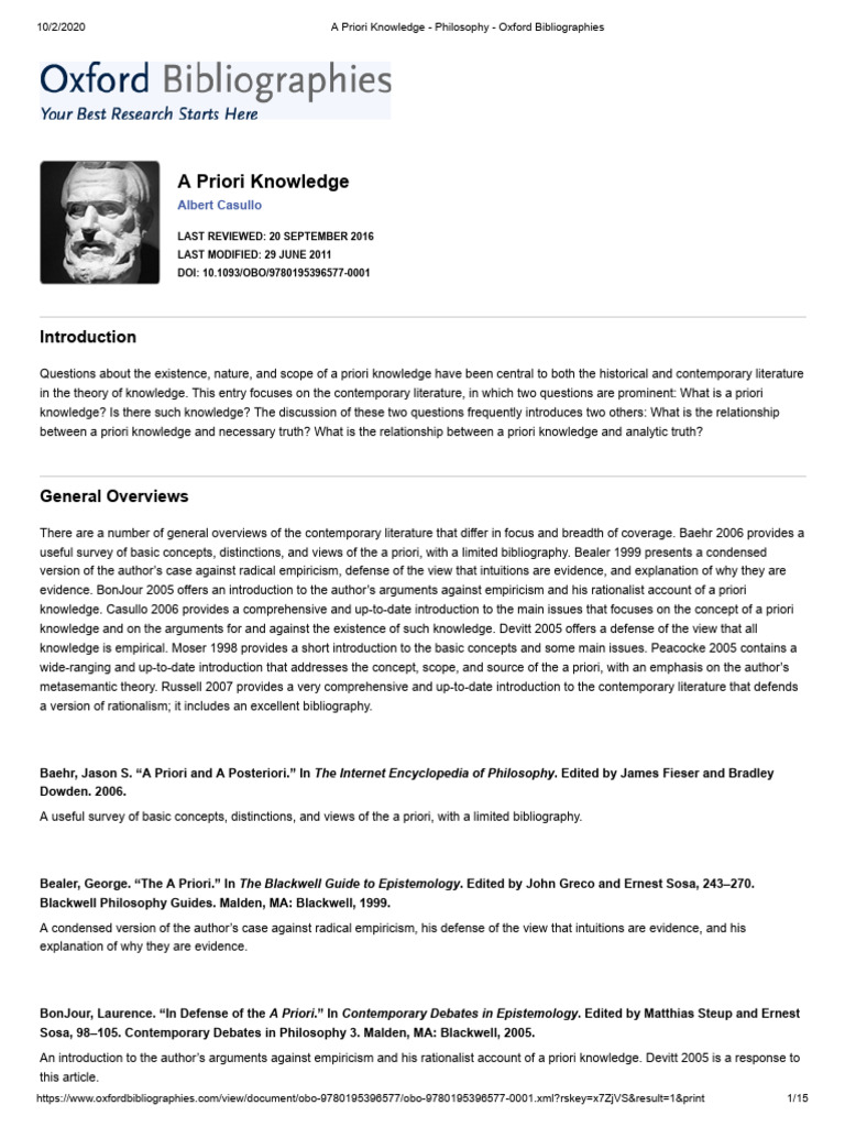 A Priori Knowledge - Philosophy - Oxford Biblio | PDF | A Priori And A ...