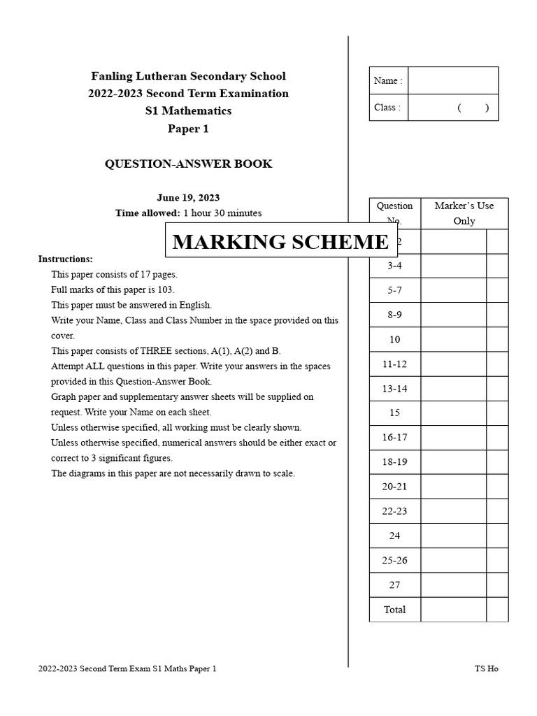 2223 S1Maths 2ndTerm+Exam P1 Marking | PDF | Mathematics