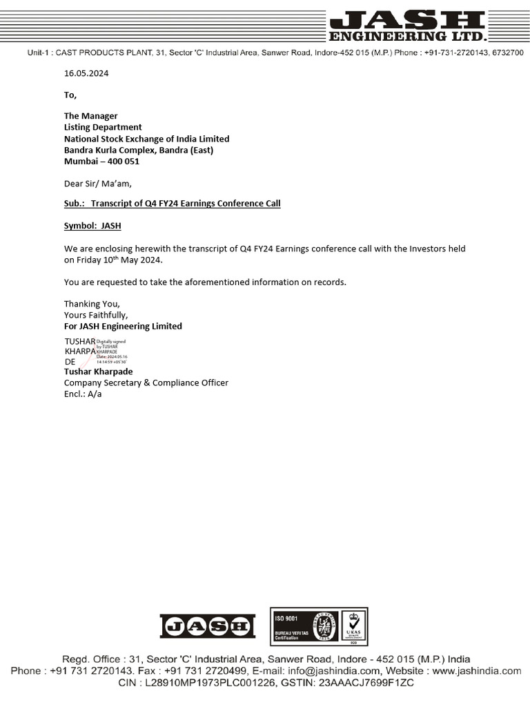 JASH Engineering Concall Updates | PDF | Reclaimed Water | Corporate ...