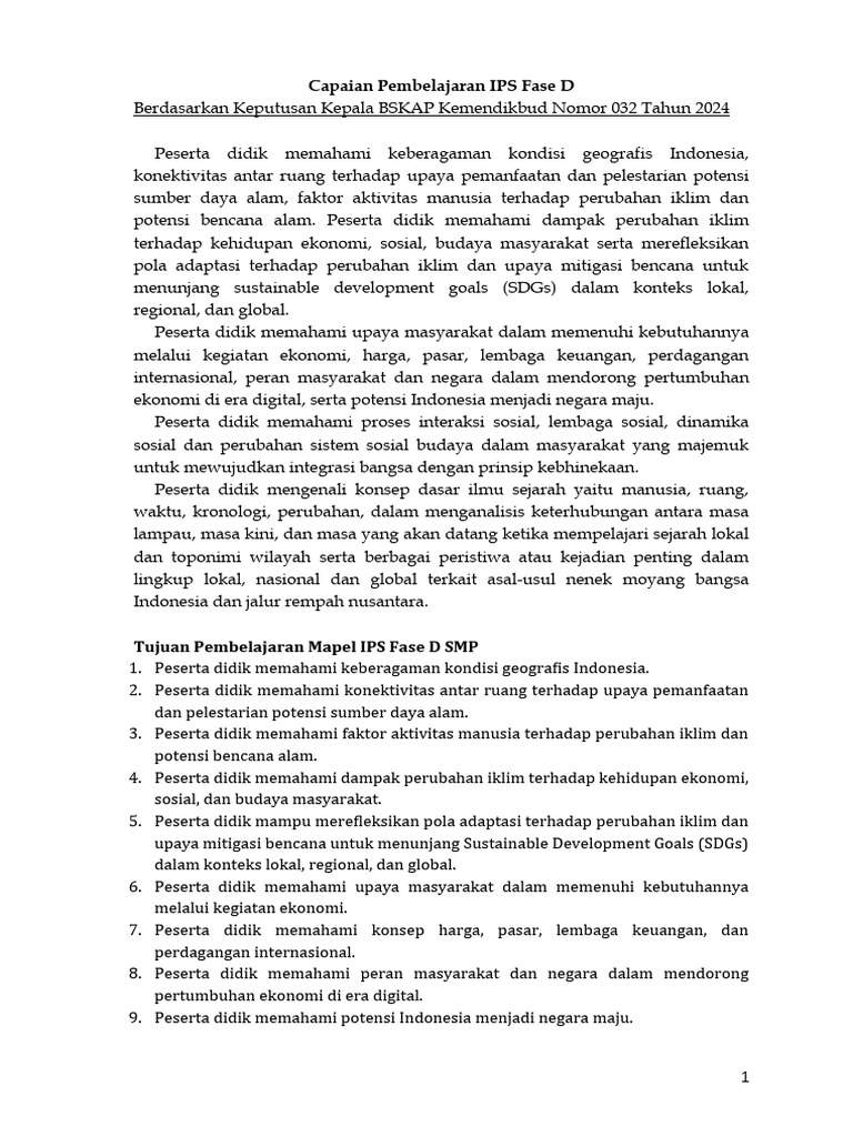 Breakdown CP IPS FASE D SMP Kelas 7, 8, Dan 9 | PDF