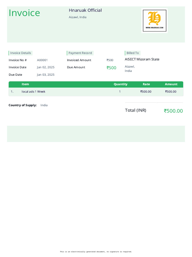 Invoice A00001 Hnaruak Official Aisect Mizoram State | PDF