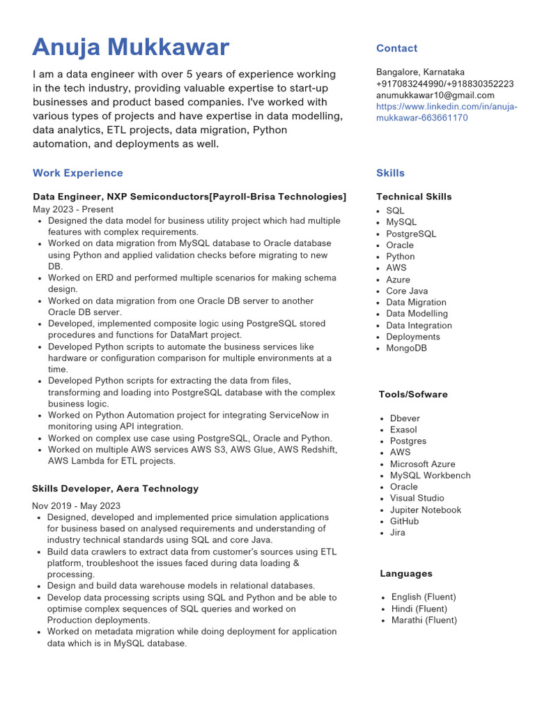 Naukri AnujaSatishMukkawar (5y 6m) | PDF | Postgre Sql | My Sql