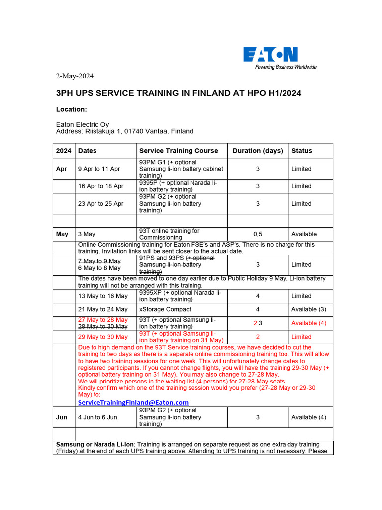 2024 Eaton UPS Training Schedule in Finland | PDF | Battery ...