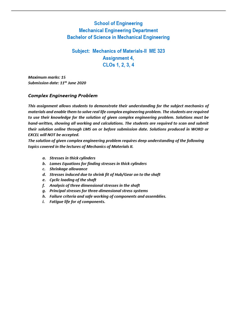 Complex Engineering Problem ME 323 1 PDF | PDF | Stress (Mechanics) | Fatigue (Material)