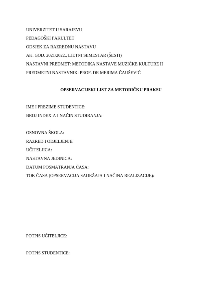 Opservacijski List Za Metodičku Praksu MNMKII | PDF