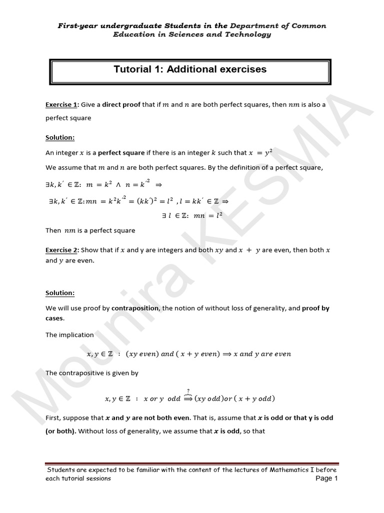 Tutorial - 1 - Additional Exercises | PDF | Mathematical Proof | Integer