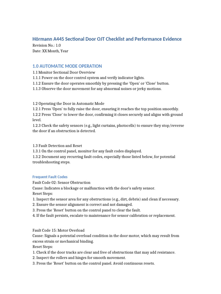 Hormann A445 Sectional Door OJT Checklist | PDF | Door | Power Supply