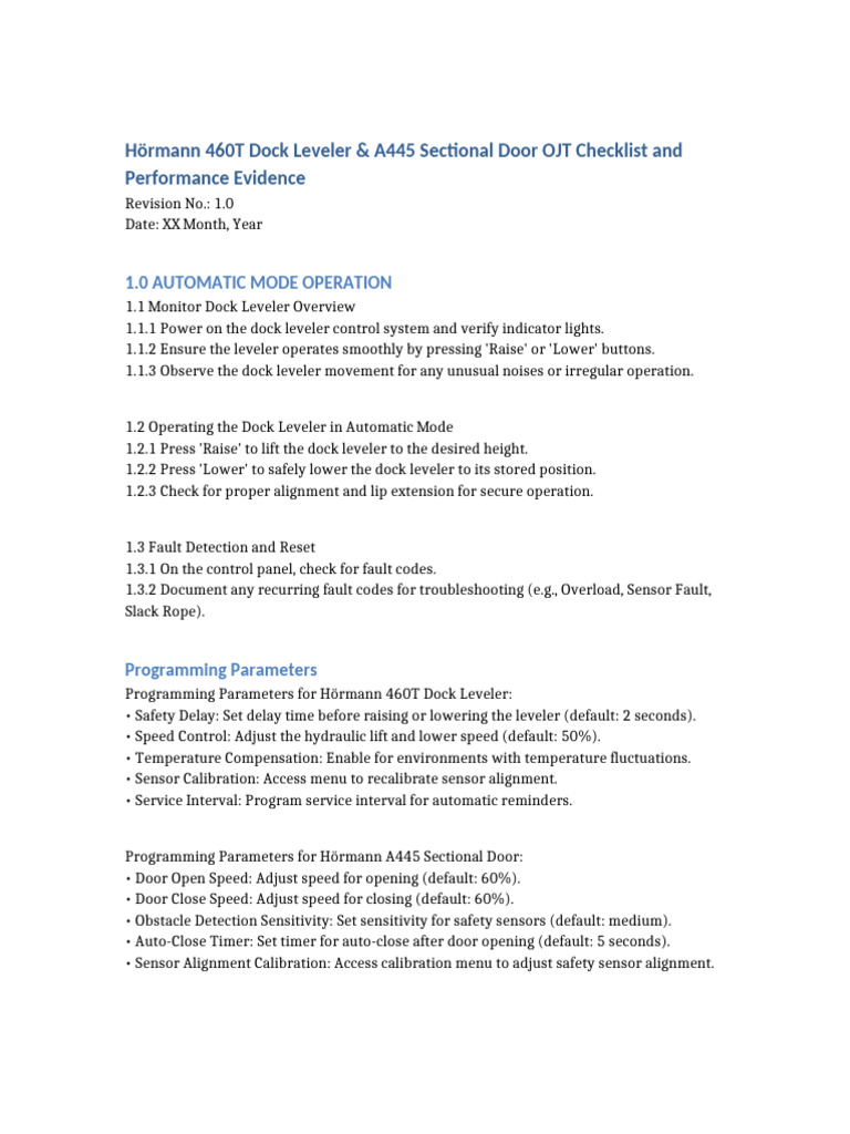 Hormann 460T Dock Leveler Sectional Door OJT Checklist | PDF | Sensor ...