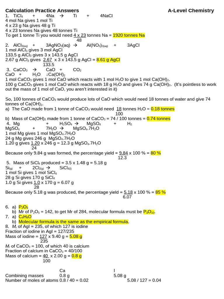 Calculation Practice Answers | PDF | Mole (Unit) | Physical Sciences