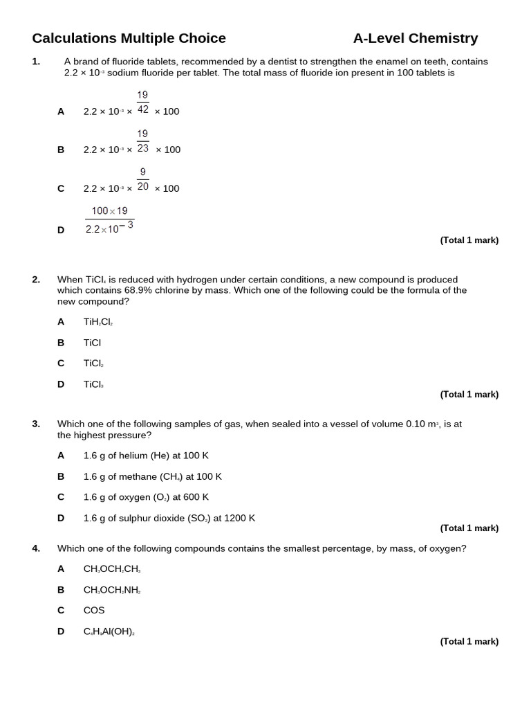 A-Level Chemistry Calculations Quiz | PDF | Hydroxide | Magnesium