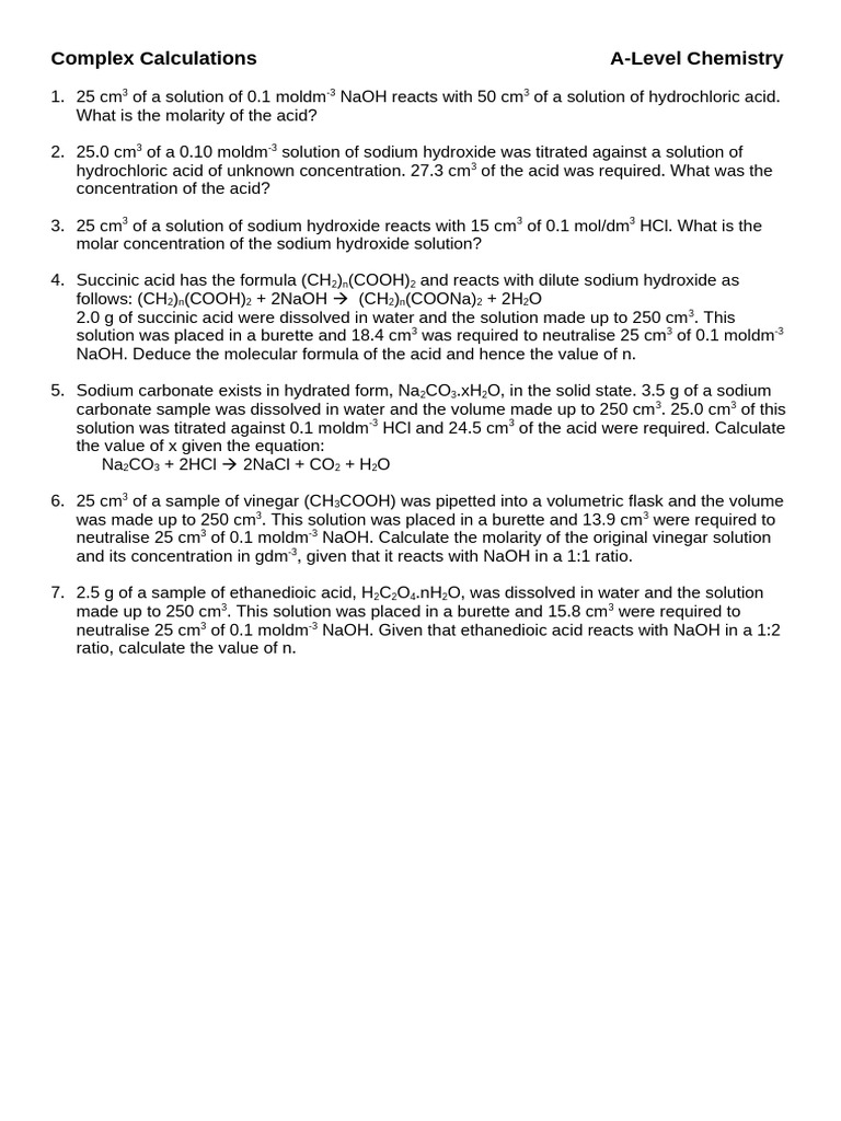 Complex Calculations Questions | PDF | Sodium Hydroxide | Acid