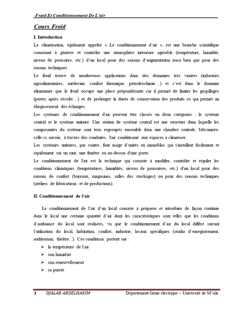 Cours sur le Froid et la Climatisation | PDF | Réfrigération ...