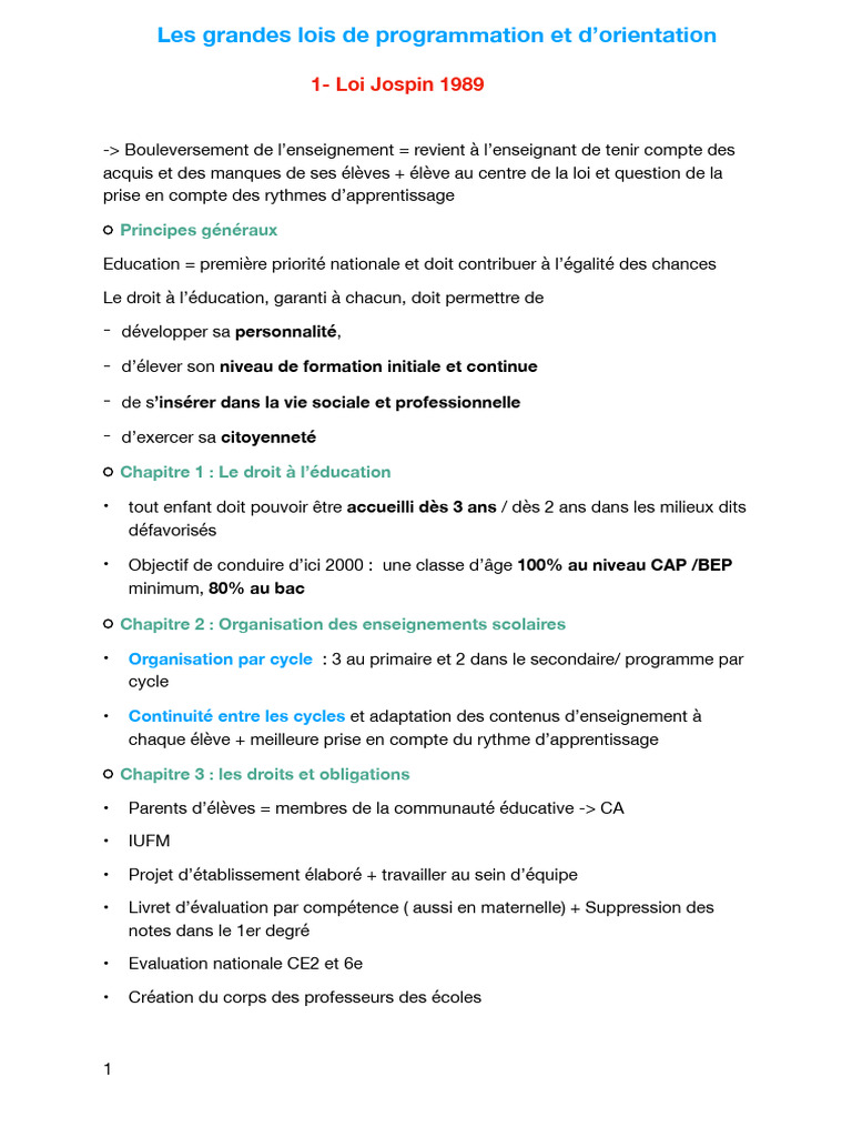 Résumé de la Loi Jospin 1989 | PDF | Enseignants