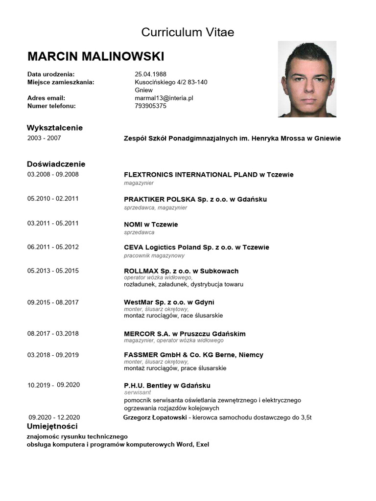 CV Marcin Malinowski | PDF