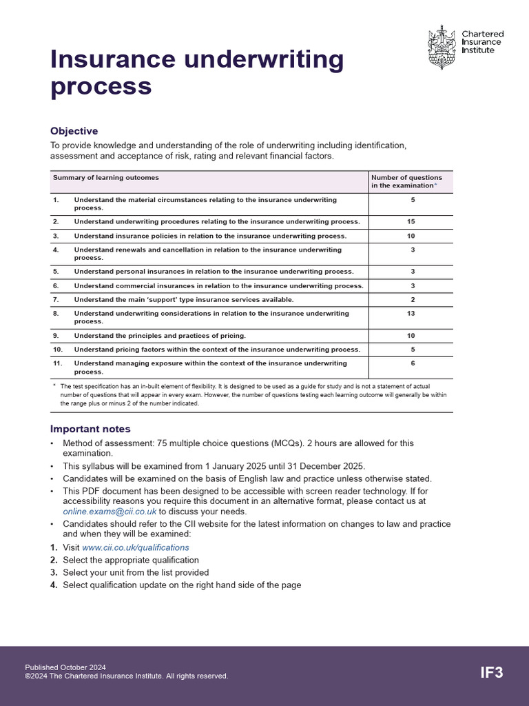 If3 Insurance Underwriting Process Examination Syllabus | PDF | Insurance | Underwriting