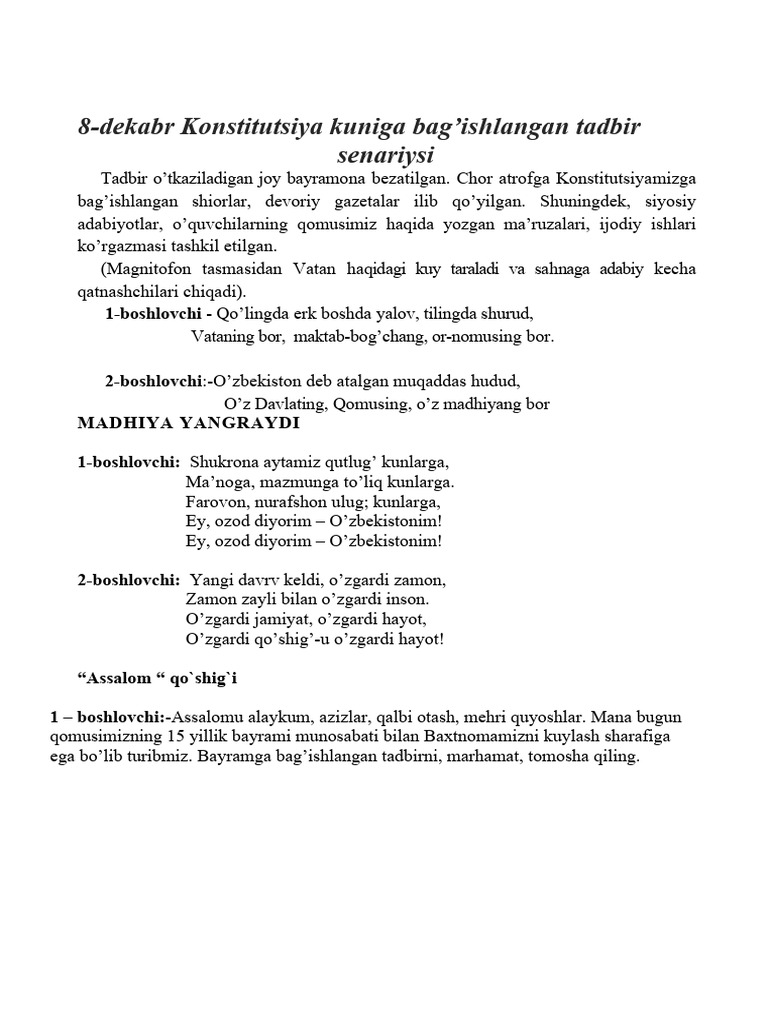 8 Dekabr Konstitutsiya Kuniga Bayram Senariy | PDF