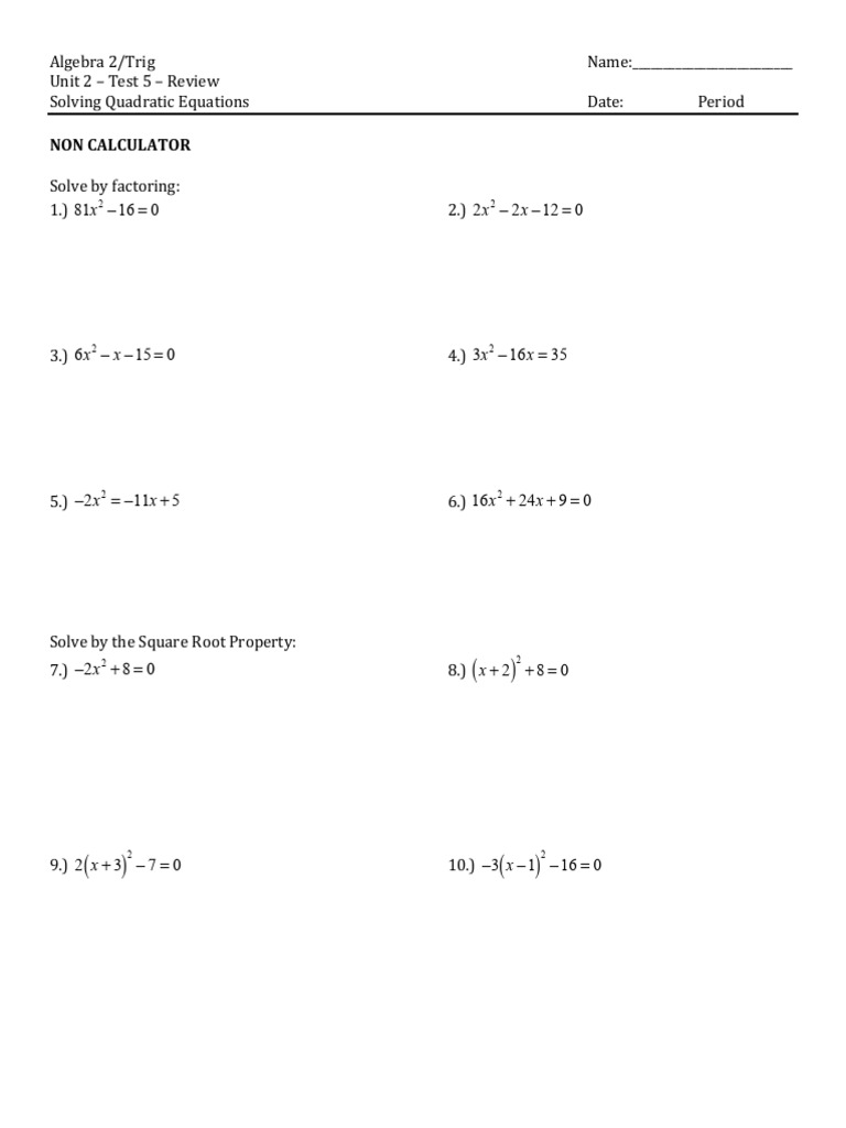 REVIEW - A2T - Test 5 - Solving Quadratics | PDF | Quadratic Equation ...